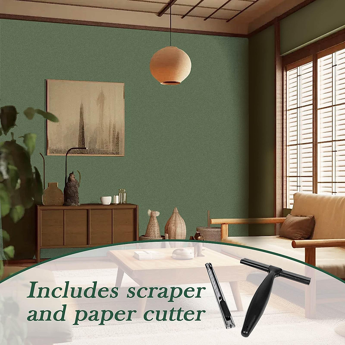 Abyssaly Green Wallpaper Peel and Stick 118"X17.7" Green Contact Paper for Cabinets and Drawers Removable Self Adhesive Thicken Wallpaper Covering for Bedroom with Scraper, Paper Cutter