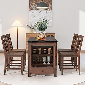 KLMM Retro Solid Wood 5-Piece Counter Height Dining Table Set with Faux Marble Tabletop,Storage Cabinet and Drawer,for Small Places Dining Room Use (Dark Walnut@Drawer)