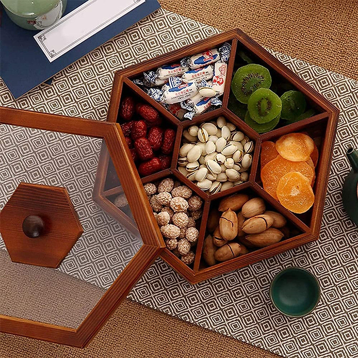 CRUHRE Decorative Fruit Basket Wooden Candy Box With Lid Nut Dried Fruit Display Plate Tray Snacks Box Storage Organizer For Home Party Fruit Bowl