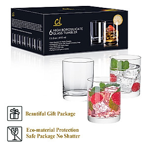 FAIRCRAFT Heat-Resistant Drinking Glasses Set of 6 Double Fashioned Glass Lowball Tumblers 13.5oz Made From Premium Borosilicate All Crystal-Clear Water Cups, Mixed Drinkware For Daily Use…