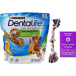 Purina DentaLife Daily Oral Care Chews Dental Dog Treats - Large Snacks for Big Pups 40+ Lbs (18 Count) - Plus Rope Toy and Fun Animal Facts Booklet Bundle