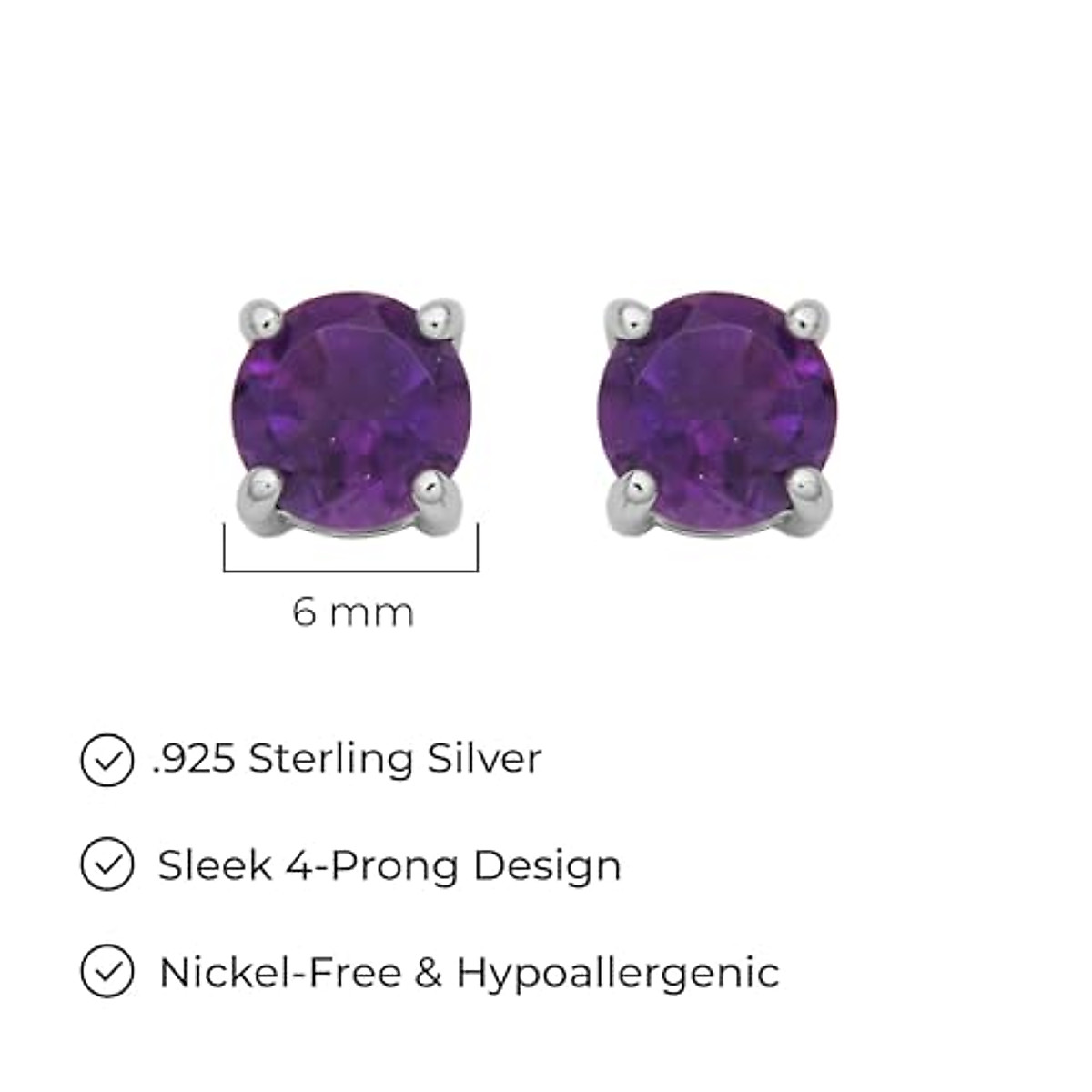 Amazon Essentials Sterling Silver Round African Amethyst Birthstone Stud Earrings (February) (previously Amazon Collection)