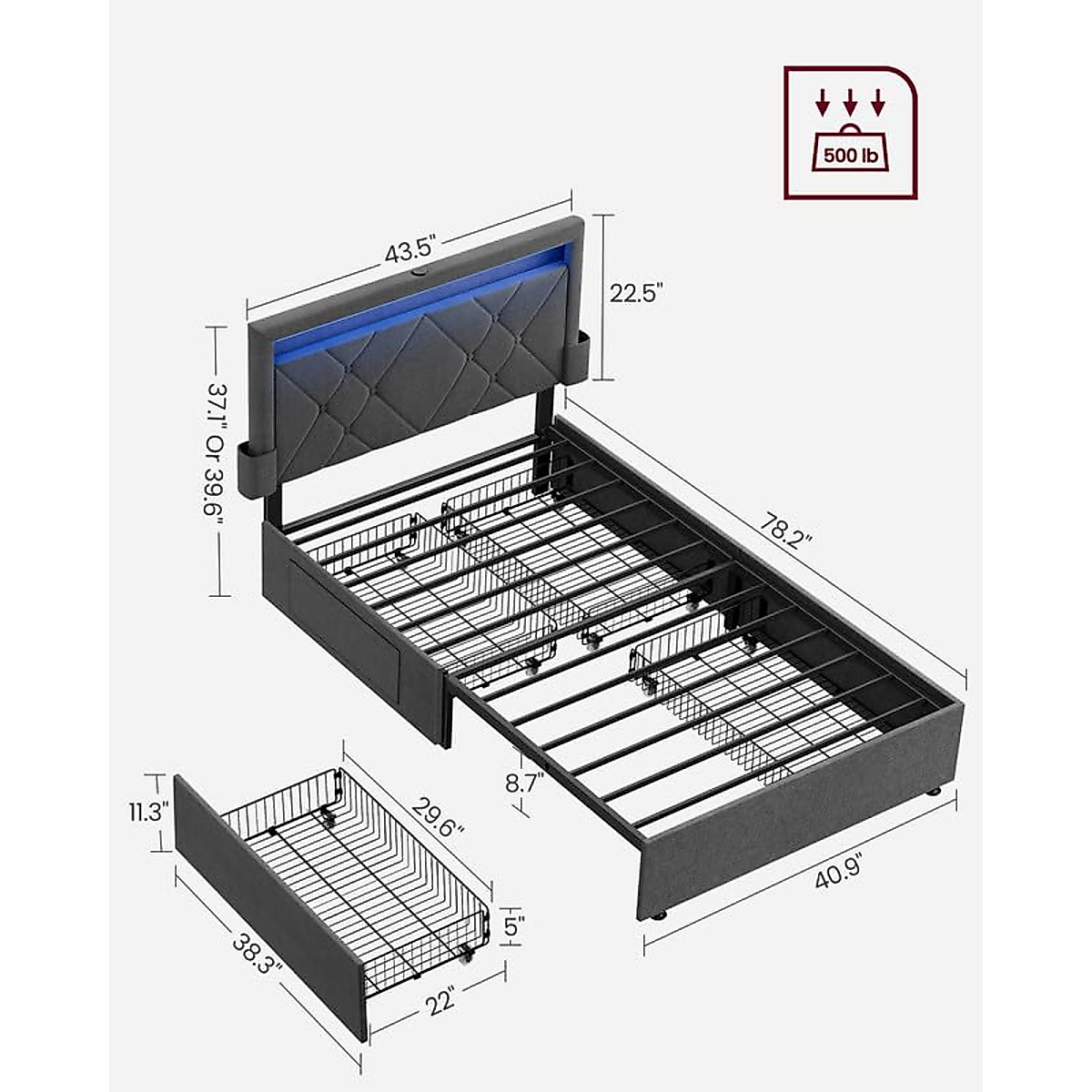 VASAGLE LED Bed Frame Twin Size with Headboard and 4 Drawers, 1 USB Port and 1 Type C Port, Adjustable Upholstered Headboard, No Box Spring Needed, Dark Grey URMB823G71