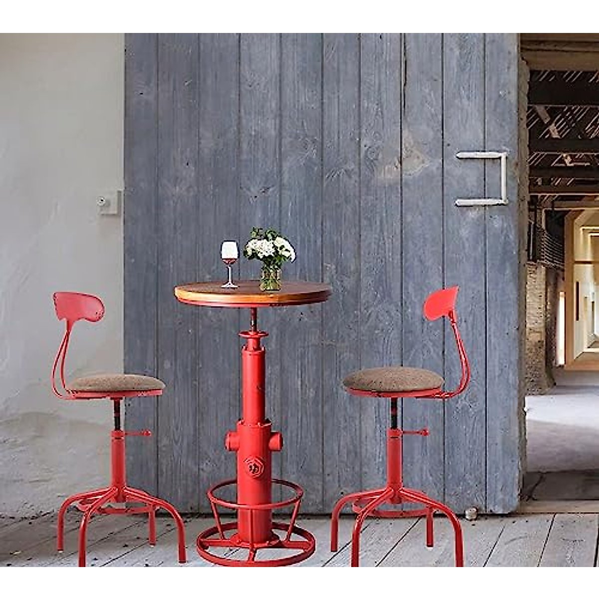 Topower 3-Piece Pub Bar Set Industrial Round Bar Table and Adjustable Height PU Seat Stools with Backrest for 2 Match Bar Height and Counter Barstool Antique Red 1 Table + 2 Chairs