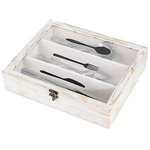 MyGift Rustic Whitewashed Wood Cutlery Tray Case with Acrylic Lid and Latch Lock, Buffet Table Utensils Flatware Server Caddy, Spoon and Fork Holder