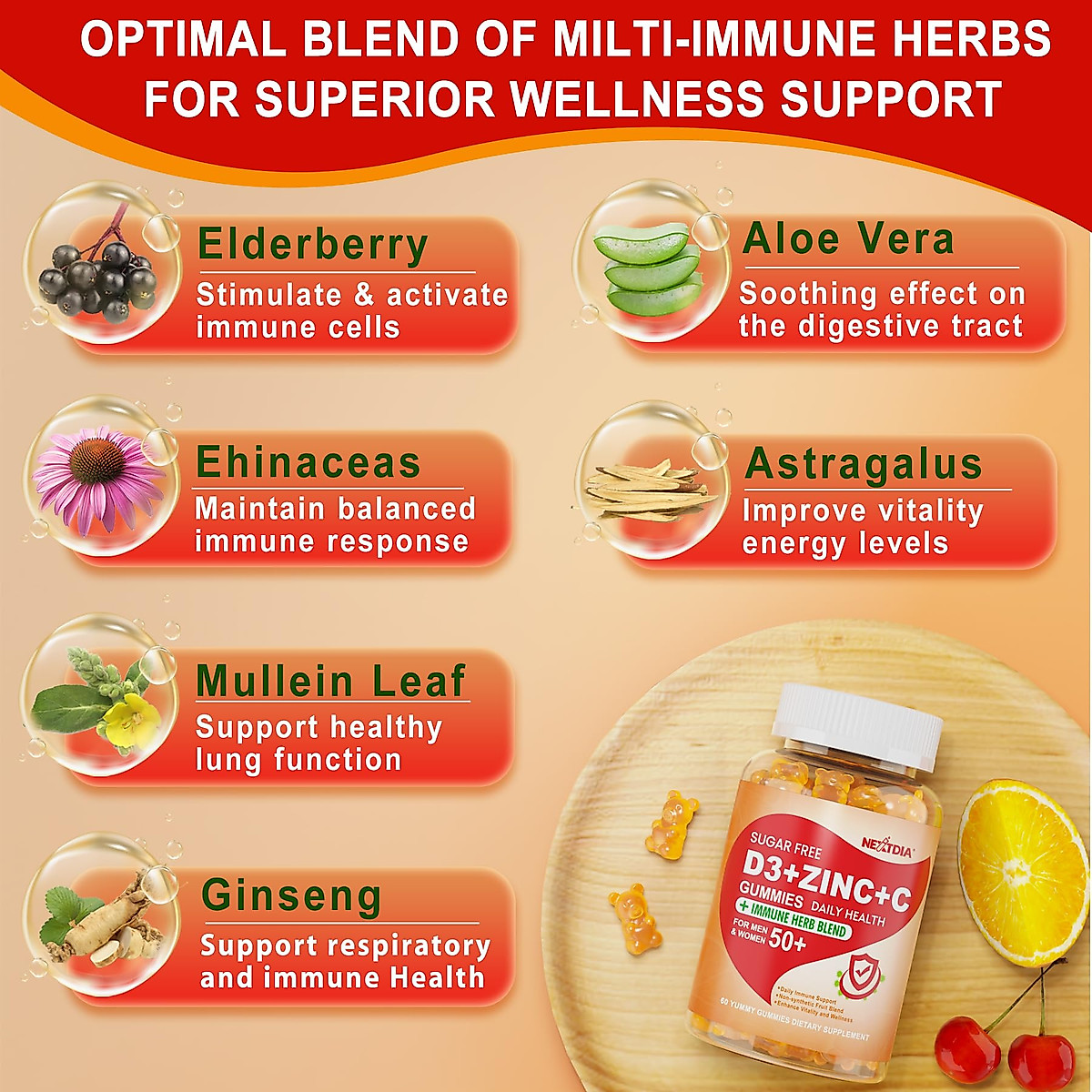 Sugar Free Vitamin C + D3 + Zinc Gummies for Adults 50 +, 9 in 1 Immune Defense Supplement with D3 5000IU, Elderberry, Echinacea, Mullein Leaf for Boost Immunity, Power Antioxidant, Vegan (Pack of 2)