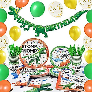 Watercolor Dinosaur Party Supplies - Dino Theme Birthday Party Decoration for Boys Birthday Banner Balloons Plates Cups Napkins Cutlery Bag Table Cover Tableware Utensils Serves 16 Guests 153 PCS