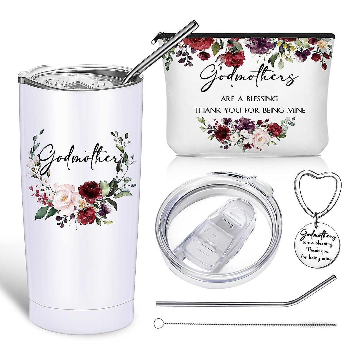 Sieral 3 Pcs Godmother Proposal Gifts Set Including 20 oz Godmother Tumbler and Godmother Makeup Bag Keychain for Mother's Day Holiday Appreciation Gifts(Wine Red Flowers)