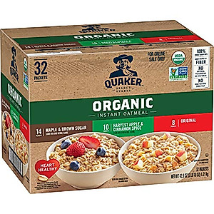 QUAKER Instant Oatmeal, USDA Organic, Non-GMO Project Verified, 3 Flavor Variety Pack, Individual Packets, 32 Count (Pack of 1)