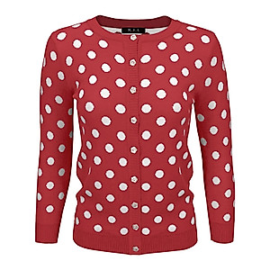 YEMAK Women's Polka Dot Cute Jacquard Crewneck Button Down Sweater Cardigan MK3104-RED-S
