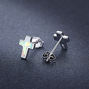 Opal Cross Stud Earrings, 925 Stertling Silver Hypoallergenic Anchor Stud Earrngs and Tiny Opal Cross Studs Jewelry Gifts for Women (Opal Earrings) (Cross)