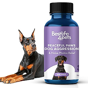 Peaceful Paws Dog Aggression & Noise Phobia Relief - Anxiety Relief for Dogs, Dog Calming Remedy for Biting, Barking, Chasing, Attacking, and Other Dog Behavior Issues - 400 Non-Drowsy, Small Pills