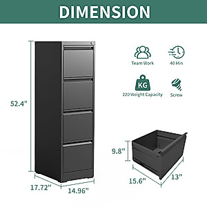 BIZOEIRON 4 Drawer File Cabinet with Lock, Metal Vertical Filing Cabinets for Home Office, Steel Storage Cabinet for Hanging Legal/Letter Size Files, Assembly Required (Black)