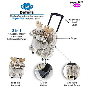 DolliBu Moose Plush Trolley & Purse Set - 3-in-1 Kids Trolley, Backpack, & Brown Moose Purse, Soft Plush Backpack on Wheels, Rolling Bag with Removable Plush Toy Purse - 15"