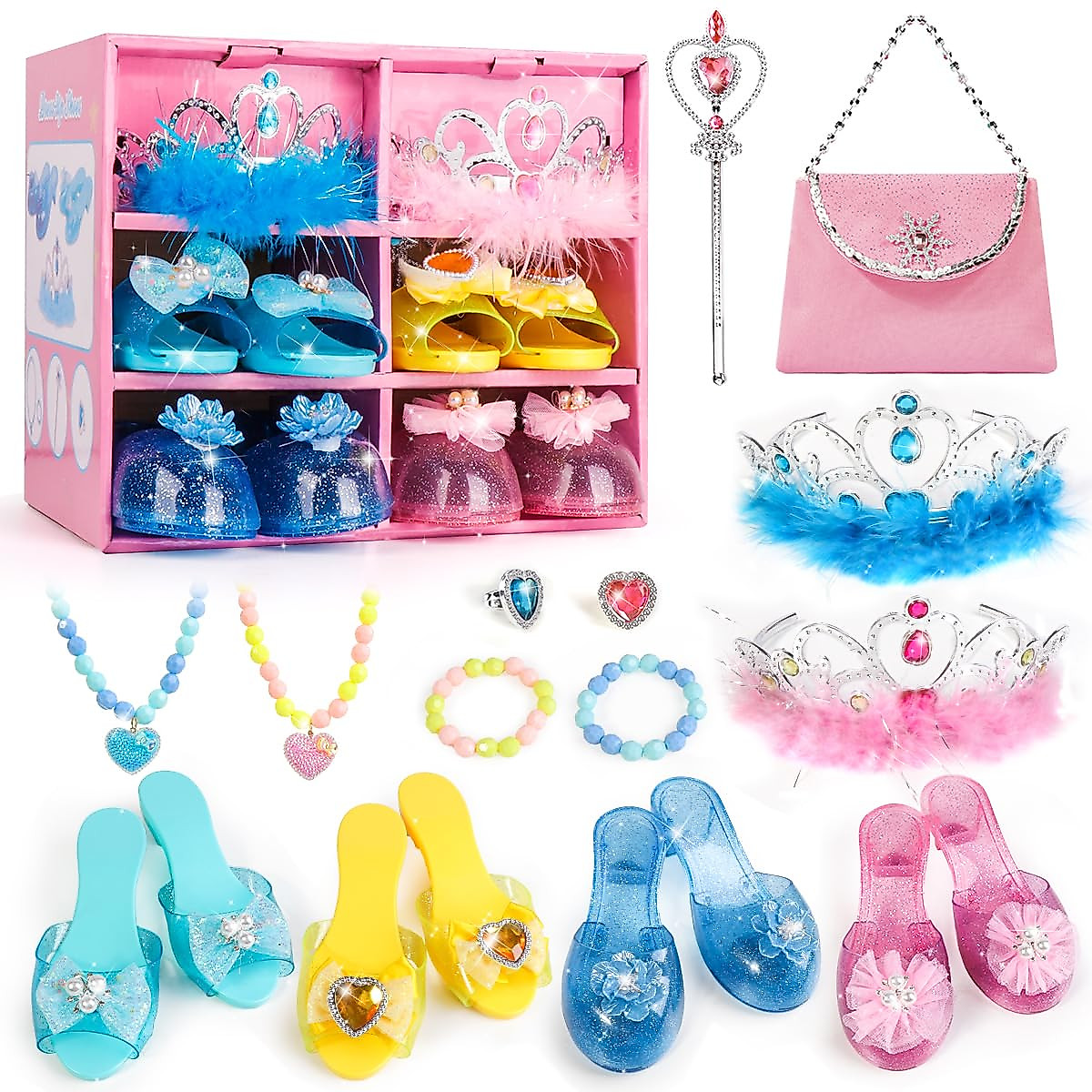 Princess Dress Up Shoes and Jewelry Boutique - 4 Pairs of Play Shoes and Pretend Jewelry Toys Accessories Play Gift Set for Toddlers Little Girls Aged 3,4,5,6 Year Old