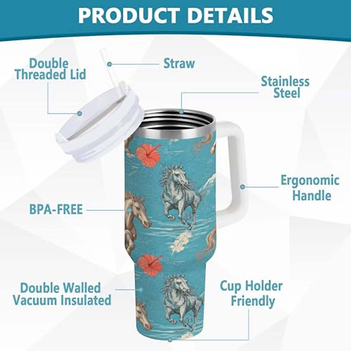 Burbuja Running Horses Hibiscus 40oz Insulated Tumblers with Handle and Straw Lid, Double Wall Stainless Steel Travel Mug Leak-Proof, BPA Free, Gift for Mom Dad