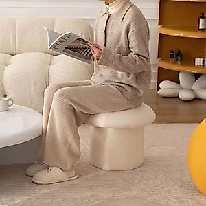 QQXX Sherpa Round Ottoman Stool,Soft Foot Stool Footrest Mushroom Shape,Dressing Makeup Chair,Velvet Upholstered Ottoman Pouf,Comfortable Seat for Living Room, Bedroom, Entrance Sofa Stool