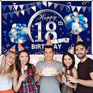 Blue Silver 18th Birthday Banner Decorations for Men Boy - Happy 18 Birthday Backdrop Party Supplies - Eighteen Birthday Poster Photo Props Background Sign