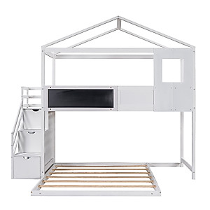 Bellemave House Bunk Beds with Stairs Twin Over Full Low Bunk Bed with Blackboard Wood Playhouse Floor Bunk Bed for Kids Girls Boys Teens, White