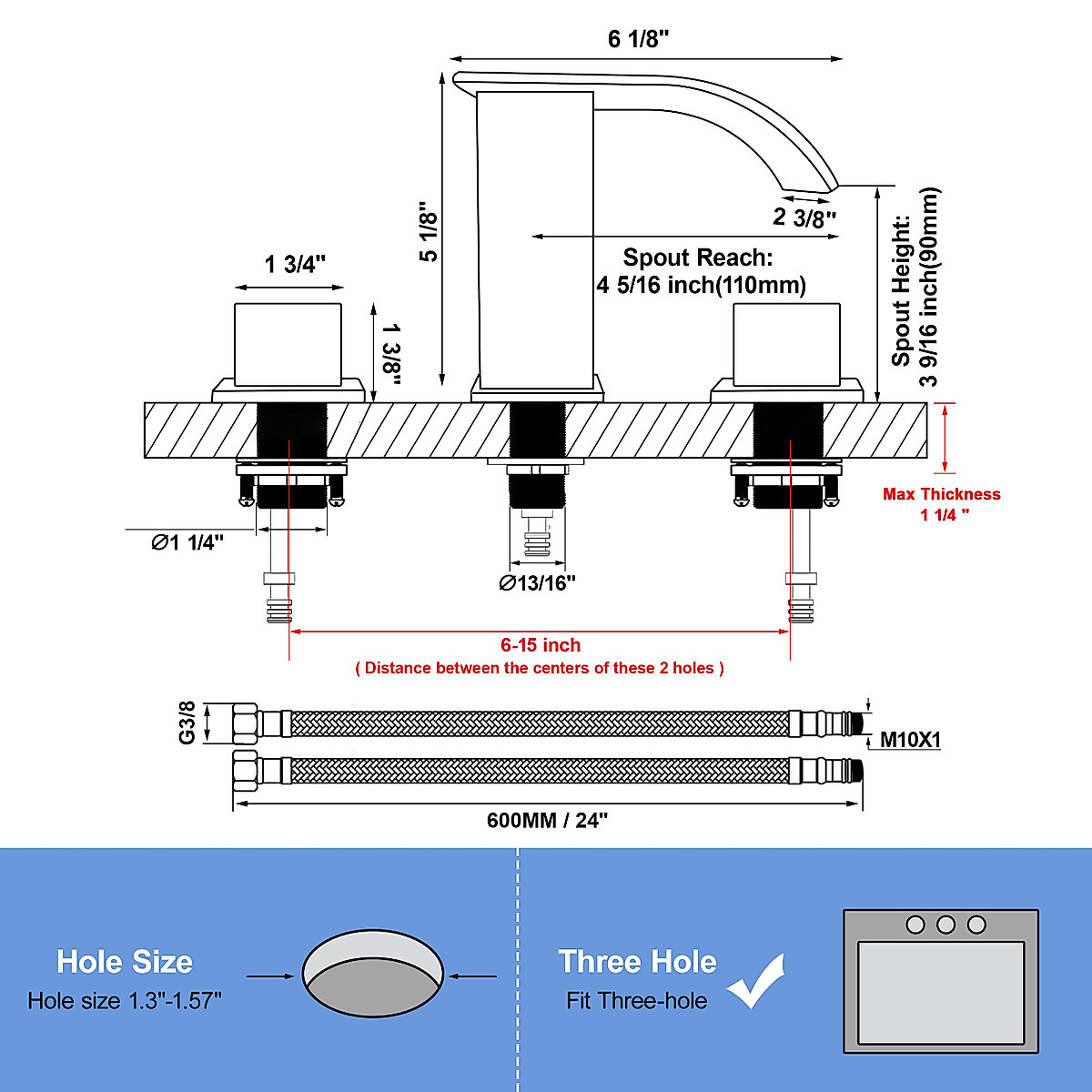 Waterfall Bathroom Faucet Brushed Nickel - Widespread 2 Handle 8 Inch 3 Hole Bathroom Sink Faucet, Basin Faucet Mixer Taps with cUPC Faucet Supply Line Hoses for Bathroom Restroom Vanity Lavatory