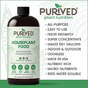 Purived 16oz All-Purpose Liquid Plant Fertilizer - Makes 50 Gallons, for Indoor Houseplants, All-Natural, Groundwater Safe, Made in USA