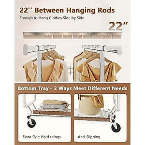 Hoctieon 2-Minute Assembly Double Rod Clothes Rack, Heavy Duty Rolling Clothing Racks with Wheels, Foldable Commercial Garment Rack, Extendable Hanging Bar, Adjustable Metal Pole with Hooks, Chrome