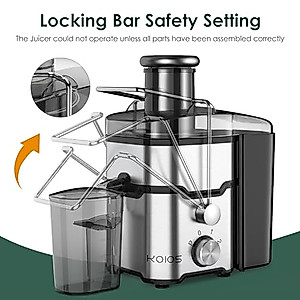 Juicer Machines, KOIOS 600W Centrifugal Juicer Extractor with 3 Speeds, 2.5'' Feed Chute for Fruit and Vegetable, 304 Stainless Steel,Easy to Clean,Anti-drip,BPA Free, Included Brush,Black