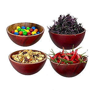 WRIGHTMART Wood Bowl, Set of 4 for Food, Salad, Snacks, Appetizers, Candy, Nut Mixes, Rustic Durable Hand Crafted Acacia Serveware, 5” diameter, Natural Finish, Red Wash Exterior