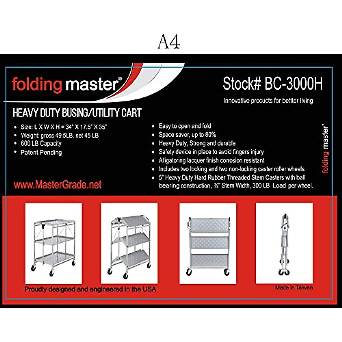 Master Grade 3 Tier Rolling Carts with Wheels, Thick Steel Utility Cart on Wheels, Storage Cart on Wheels (Grey)