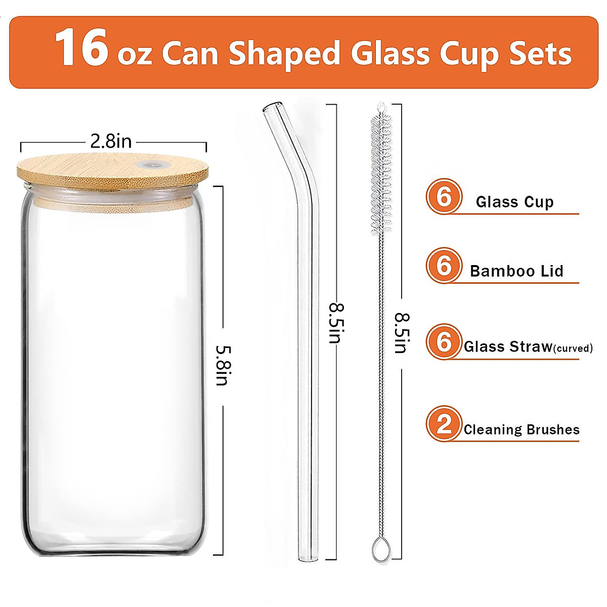 JOYMATE Drinking glasses with Bamboo Lids and Glass Straws 6pcs Set 16oz Can Shaped Glass Cups，Coffee Glasses，Cold Drinks Glasses，Cute Tumbler Cup，Cocktails cups，easy to clean-2 brushes