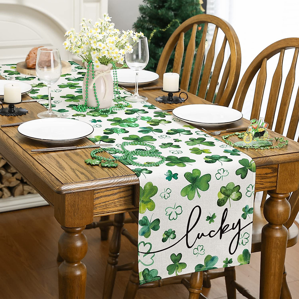 Siilues St Patricks Day Table Runner, Lucky St Patricks Day Decoraions Green Shamrock Seasonal Spring Holiday Table Decorations for Indoor Outdoor Dining Table Decor (13'' x 72'')