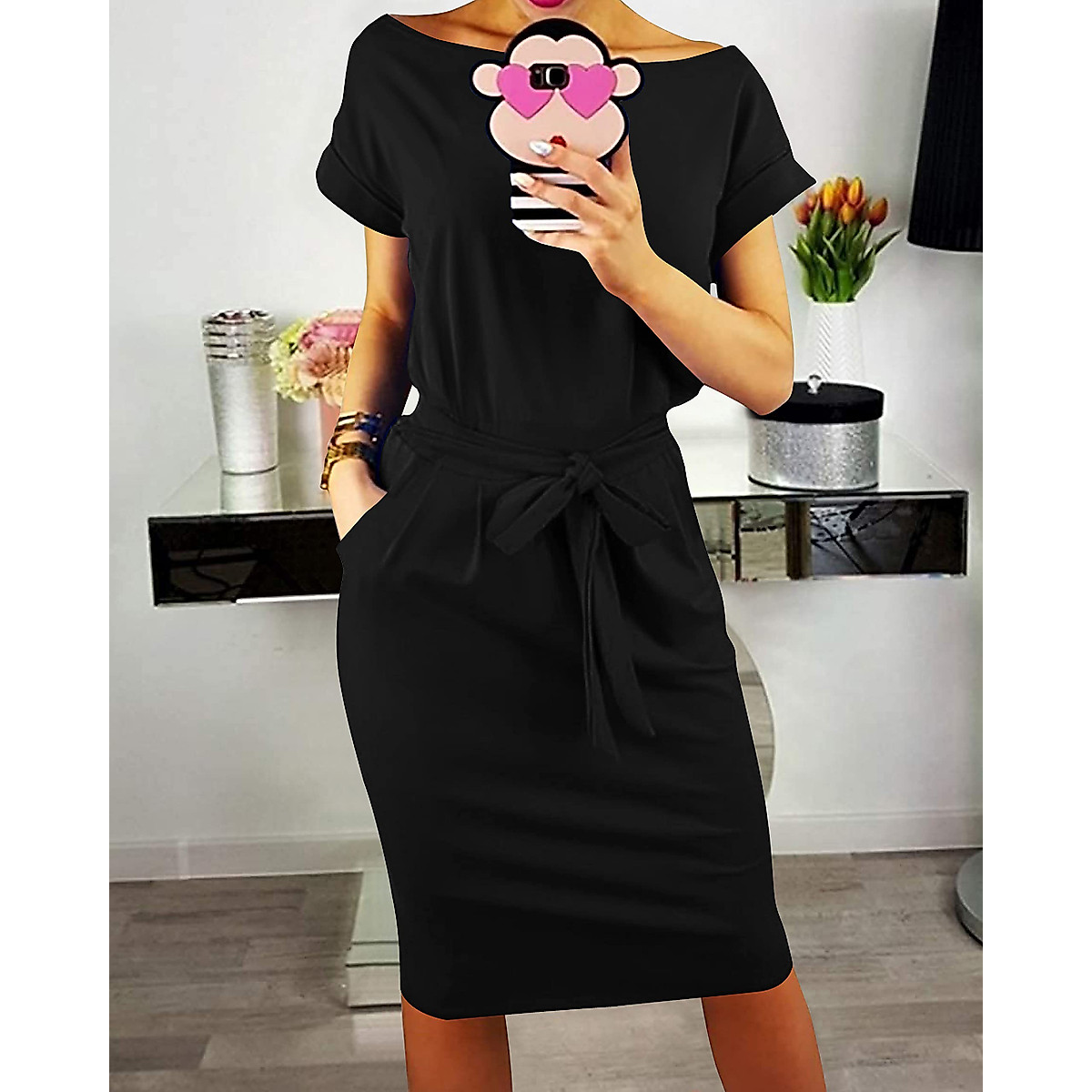 PRETTYGARDEN Women's Summer Short Sleeve Crewneck Striped Dress Basic Solid Tie Waist Office T Shirt Dresses Pockets Black Small