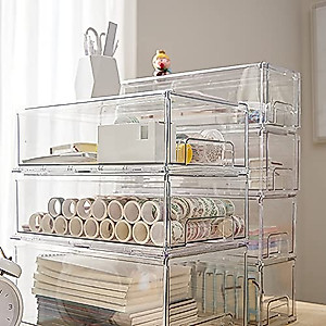 2 Pack Stackable Refrigerator Organizer Bins with Pull-out Drawer Clear Plastic Kitchen Storage Box for Fridge and Cabinets, 4.7" x 13.2" x 4.3"