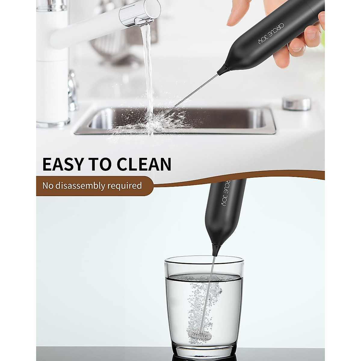 CIRCLE JOY Milk Frother Hanheld with Stand, Electric Coffee Frother, Battery Operated Hand Frother Wand Drink Mixer Mini Foamer for Matcha Lattes Cappuccino, Kitchen Gifts, Black