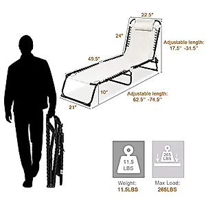 GYMAX Folding Beach Chaise Lounge, 3-Level Adjustable Lounge Chair with Detachable Pillow, Portable Recliner for Backyard, Patio, Poolside, Beach (Grey)