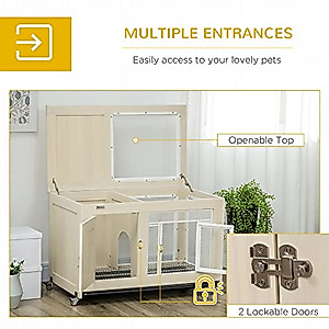 PawHut Small Rabbit Hutch Indoor Bunny Cage on Wheels, Rabbit Habitat with Tough Pinewood, Openable Top, Rabbit Cage Inside, 37.5" x 21" x 24.5"