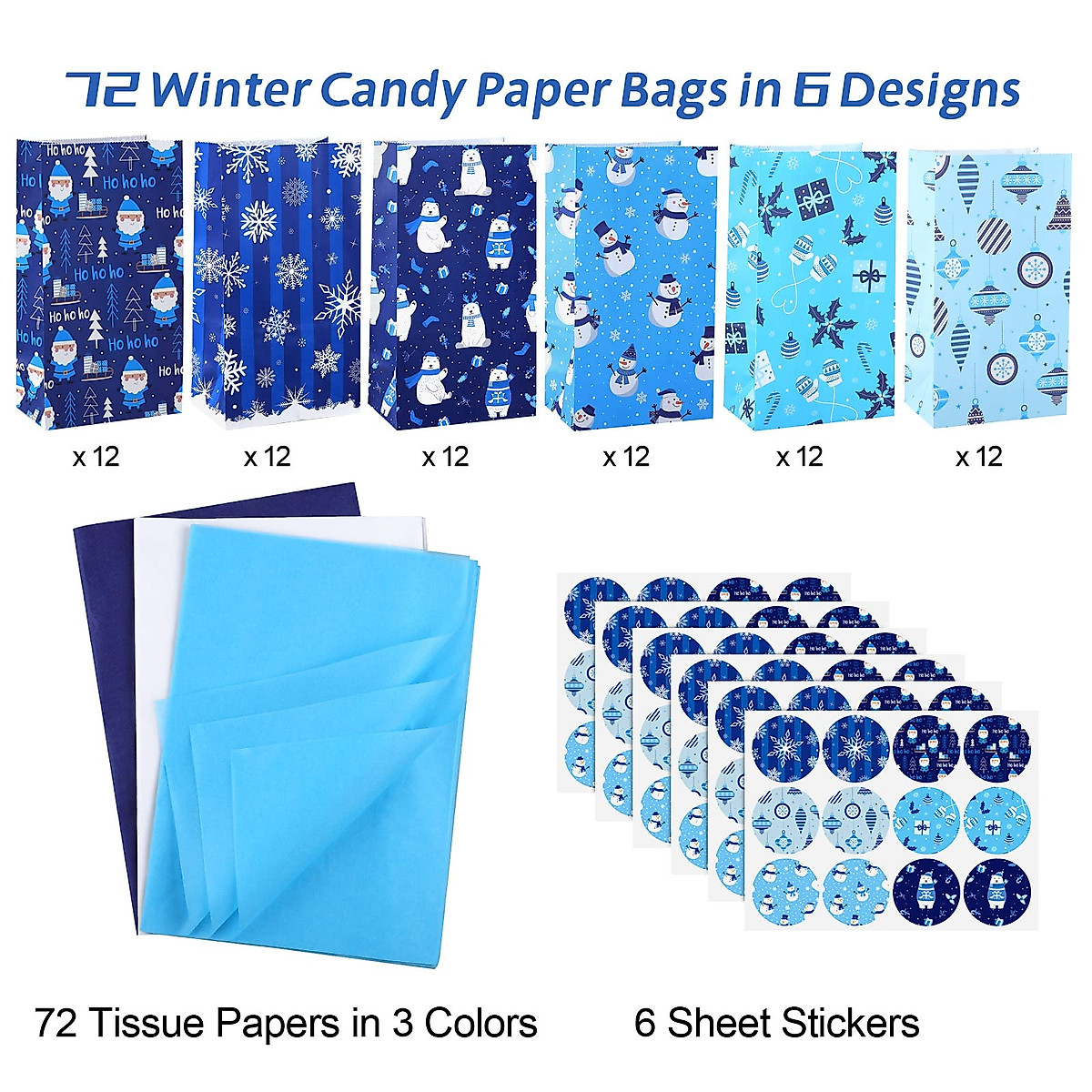 MIMIND 72 Pieces Christmas Winter Candy Paper Bags 6 Design Paper Gift Treat Bags with 72 Tissue Paper and 72 Stickers Paper Candy Gift Bags for Christmas Party Favor, 5.1 x 3.1 x 9.4 Inches