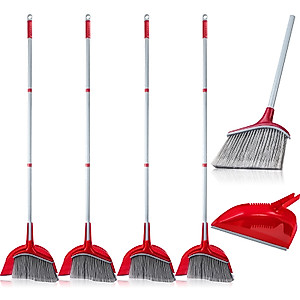 Meanplan 4 Pcs Angle Broom and Dustpan Combo Set for School Classroom 54'' Outdoor Indoor Cleaning Broom Commercial Broom with Step-on Dustpan for Home Kitchen Office Floor Dirt Dust Hair Cleaning