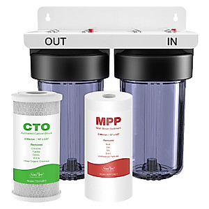 SimPure Whole House Water Filter System, 2-Stage Clear Home Water Pre-Filtration with Carbon and Sediment Filters, Reduce Odor, Chlorine, Taste, Iron, Lead, 1" NPT Brass Port, BPA Free(DB10C-2)