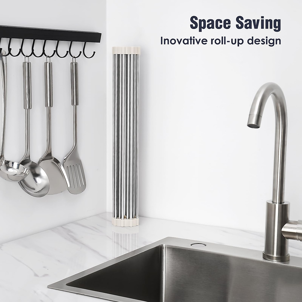 Tomorotec 17.7" x 15.5" Roll Up Dish Drying Rack Over Sink Drying Rack Sink Cover Kitchen Sink Accessories Gadget Multipurpose Organizer Foldable Stainless Steel Drainer