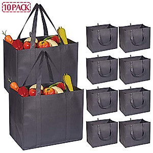 10 Pack Reusable Grocery Bags Extra Large Super Strong Heavy Duty Shopping Tote Bags with Reinforced Handles, Grey