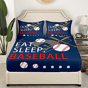 Feelyou Kids Baseball Gaming Sheet Set Twin Size Navy Blue Bed Sheets for Boys Girls Teens Bedroom Decor Softball Bed Set Women Men Ball Games Sheets,1 Fitted Sheet+1 Pillow Sham+1 Flat Sheet