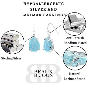 Beaux Bijoux Sterling Silver Blue Larimar Earrings for Women - Natural Larimar Jewelry - Beautiful Blue Larimar Stones - Unique Hypoallergenic Pear Teardrop Earrings - Drop Larimar Earrings for Women
