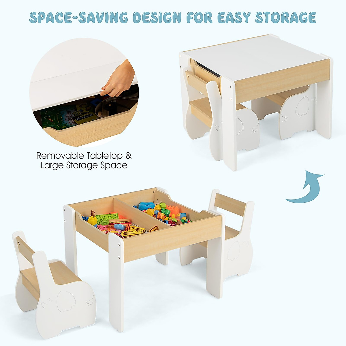 INFANS 3 in 1 Kids Table and Chair Set, Wood Multi Activity Table with Removable Tabletop Storage, Detachable Blackboard for Toddler Playing Drawing Arts Crafts,3 PCS Children Furniture