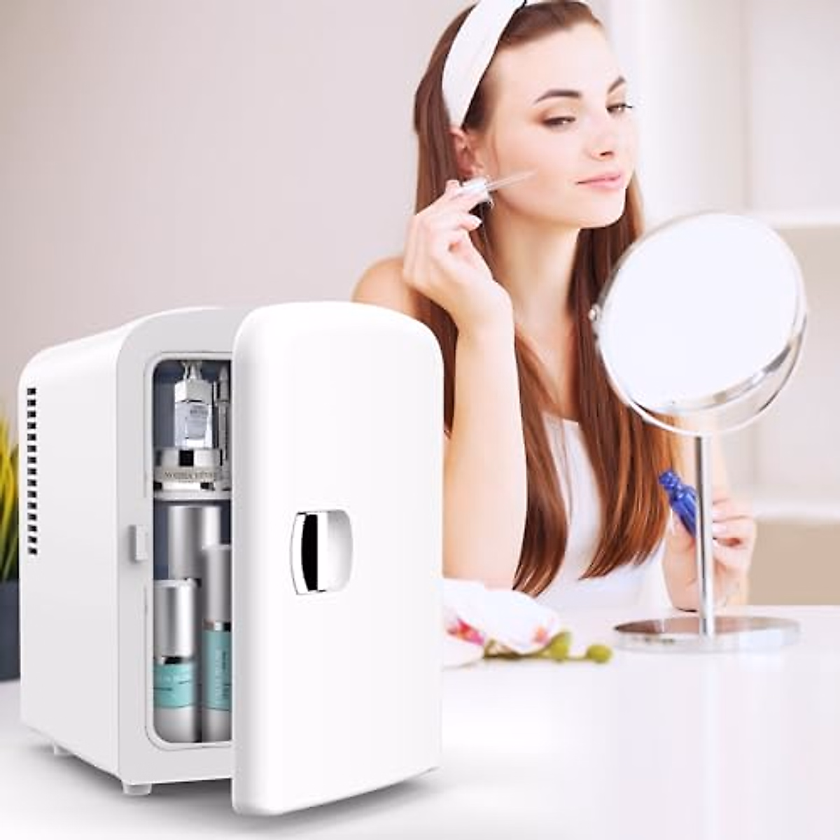 Personal Chiller Portable Mini Fridge Cooler and Warmer, 4 Liter Capacity Chills 6 Cans, Snacks, and Skincare Products, A/C Operation, 100% Freon-Free (White)