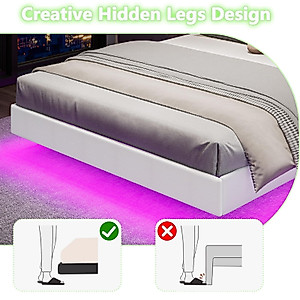 IMMERSTABLE Floating Bed Frame Queen with RGB LED Lights, Upholstered Bed Frame Queen with Headboard, Solid Wood Slats Support, Queen Bed Frame No Box Spring Needed, Noise-Free, Easy Assembly, White