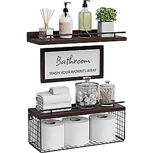 WOPITUES Floating Shelves with Bathroom Wall Décor Sign, Farmhouse Wood Bathroom Wall Shelves Over Toilet with Paper Storage Basket Set of 3, Rustic Floating Shelf with Guardrail–Rustic Brown