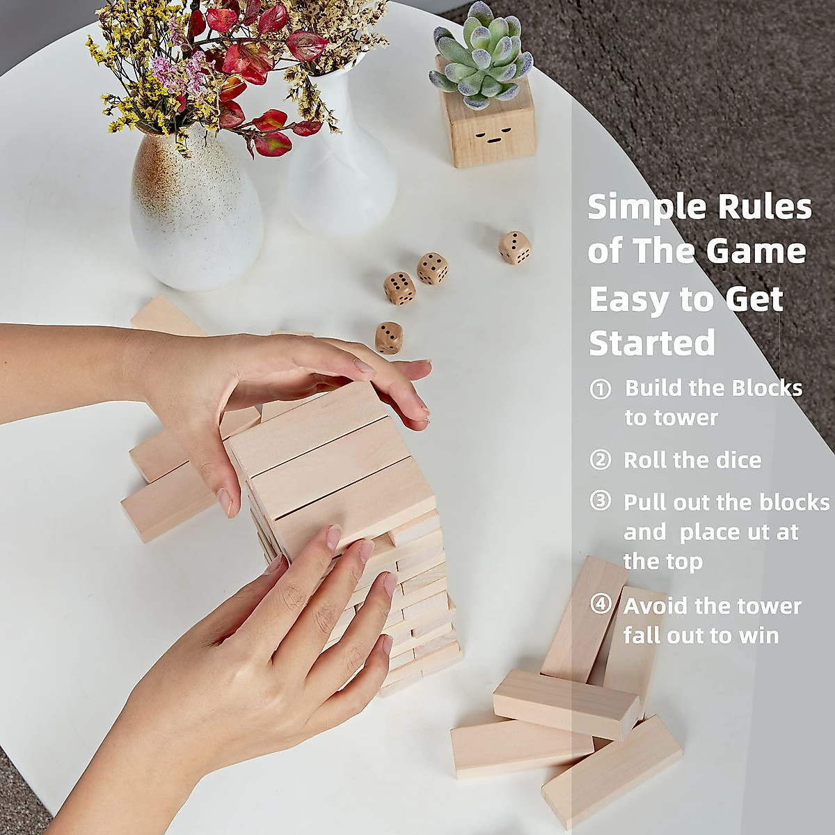 SpeedArmis Mini Tumble Tower, 54PCS Wooden Stacking Game for Teens - Pine Stack Timber Board Games with 4 Dice Set - Classic ‌Xmas Gifts for Kids