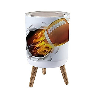 IBPNKFAZ89 Small Trash Can with Lid an of a Burning Flaming American Football Ball on fire Tearing a Hole Garbage Bin Wood Waste Bin Press Cover Round Wastebasket for Bathroom Bedroom Office Kitchen