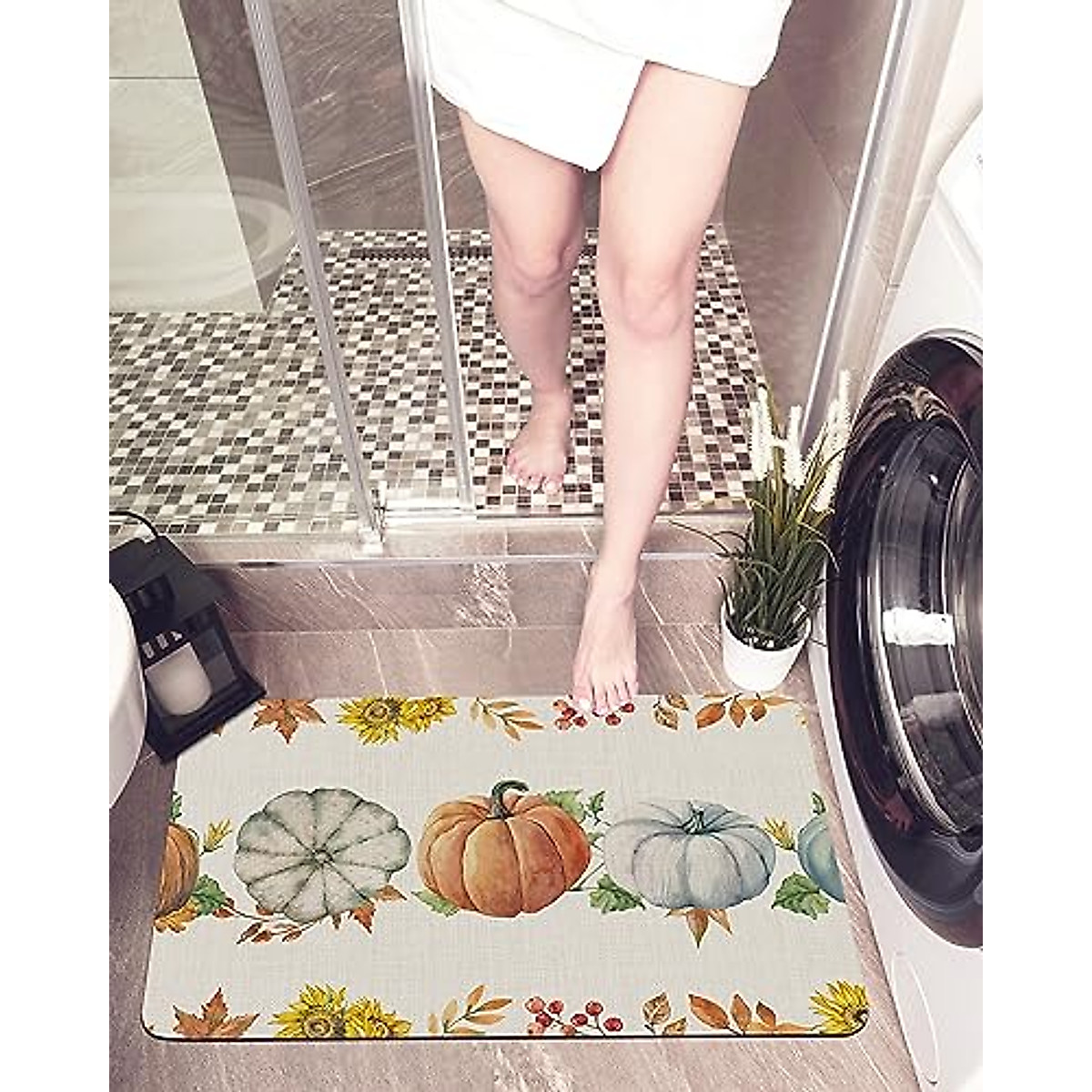 Bath Mat for Bathroom Non Slip Thanksgiving Fall Pumpkin Sunflower Maple Leaves Linen Diatomaceous Earth Bath Mats Highly Absorbent Door Mat Diatom Mud Washable Bathroom Mat for Tub Shower 18x30 Inch